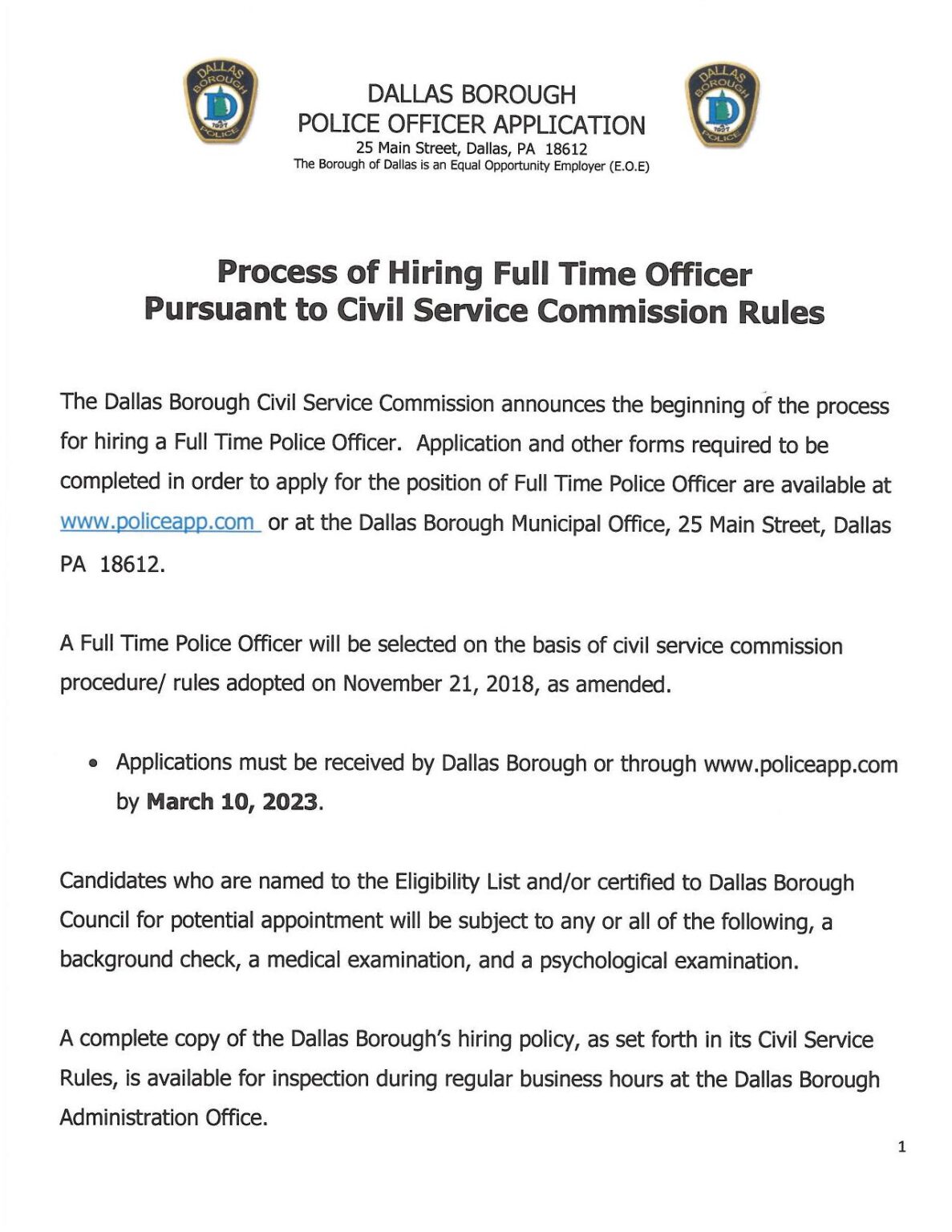 Applications open for Full Time Police Officer in Dallas Borough ...