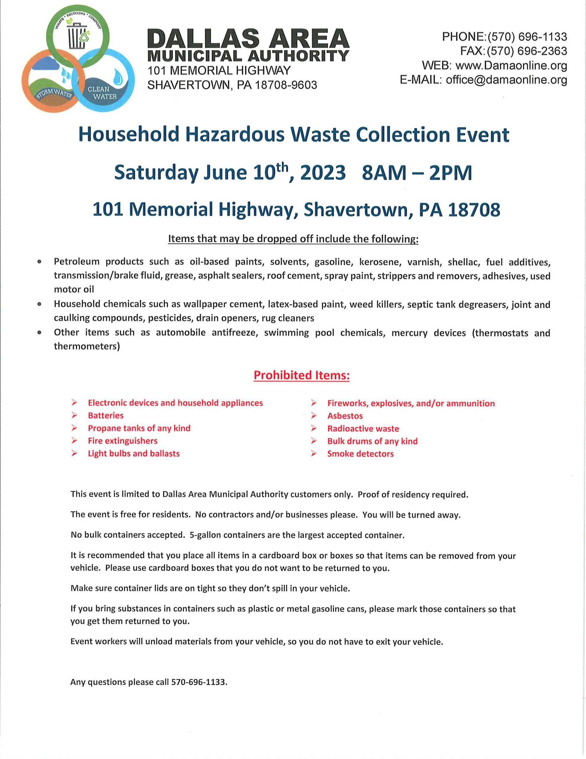 DAMA Hazardous Waste Collection Event – Dallas Borough