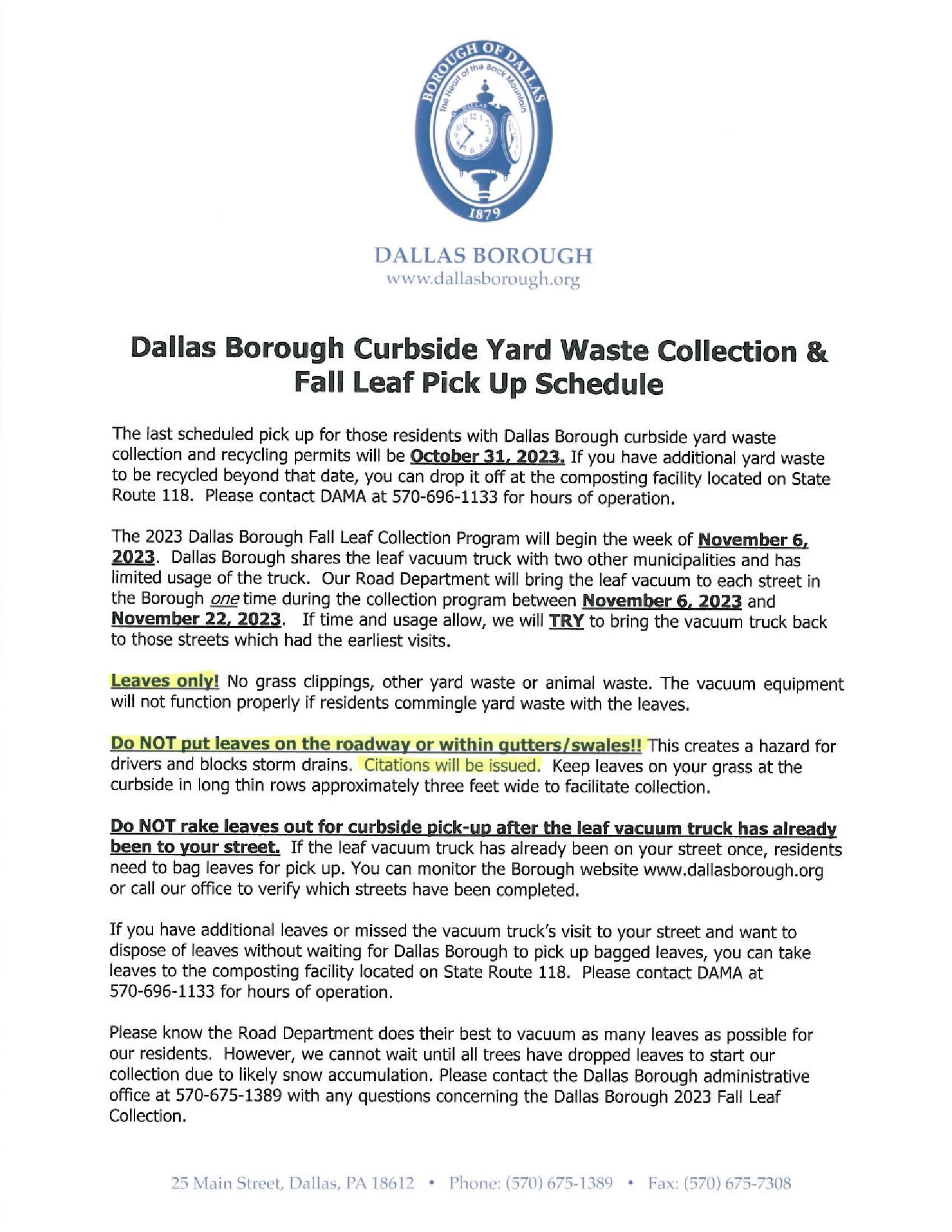 Yard waste ending – leaf pick up begins! – Dallas Borough